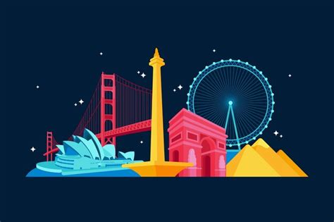 단색 개요 랜드 마크 스카이 라인 디자인 무료 벡터