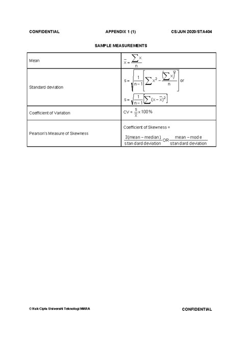 4 Appendix Formula Sample Measurements Mean N X X Standard