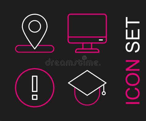 Set Line Graduation Cap On Globe Information Computer Monitor Screen