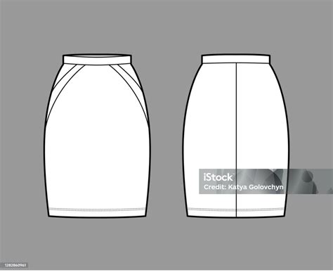 스커트 칼집 테크니컬 패션 일러스트와 스트레이트 세미 위더 니 실루엣 연필 충만 얇은 허리 밴드 검은색에 대한 스톡 벡터 아트