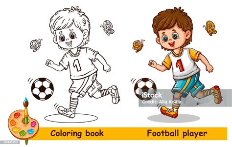 귀여운 축구 선수 소년 스포츠 게임을 하는 어린 아이 축구 선수 아이 교육 색칠하기 책 페이지입니다 재미있는 스포츠맨 만화 캐릭터가 공을 차고 있습니다 컬러 페인팅 시트의