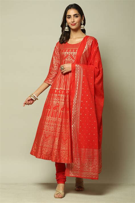 Red Cotton Anarkali Kurta Churidar Suit Set