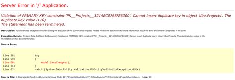 C Updating Database Returns Primary Key Error Aspnet Mvc 5 Stack