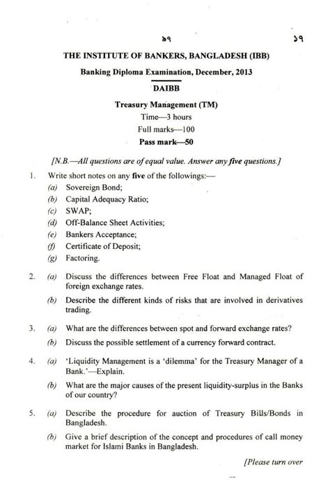 Treasury Management Question Banking Diploma Education