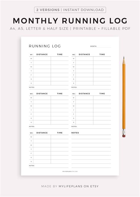 Monthly Running Log Printable Template Running Journal Etsy UK