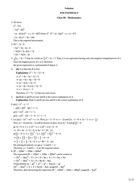 Polynomials Class 9 Solution Pdf Mathematics Of Computing Mathematics