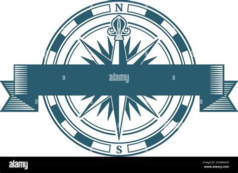 Retro Compass Logo Sailing Emblem With Ribbon Engraving Stock Vector