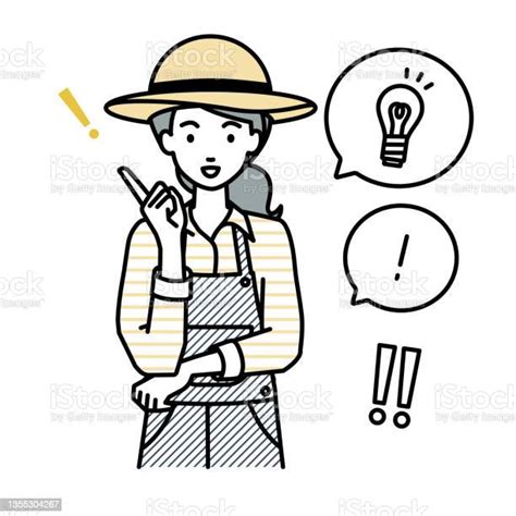 포인팅 핸드 제스처 전구와 느낌표 기호 세트와 함께 서 좋은 아이디어를 받고 농부 여자 가리키기에 대한 스톡 벡터 아트 및 기타 이미지 가리키기 노랑 농부 Istock