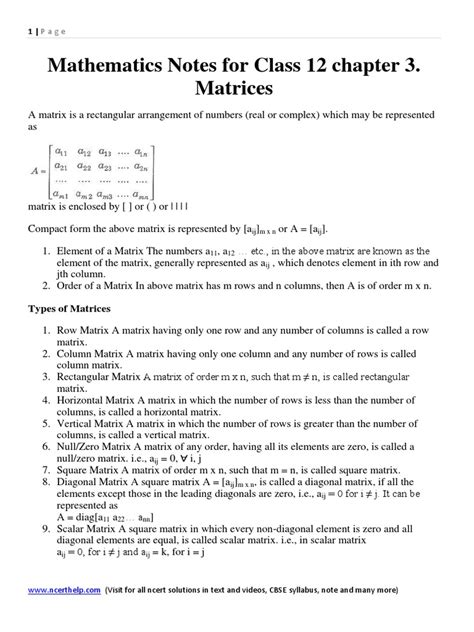 Mathematics Notes And Formula For Class 12 Chapter 3 Matrices Pdf Matrix Mathematics