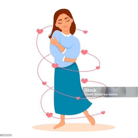 자신을 껴안고 있는 여자 자기 사랑 개념 플랫 스타일의 벡터 일러스트 가공의 인물에 대한 스톡 벡터 아트 및 기타 이미지 가공의 인물 개성 개념 건강한 생활방식