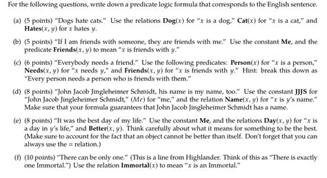 Solved For The Following Questions Write Down A Predicate