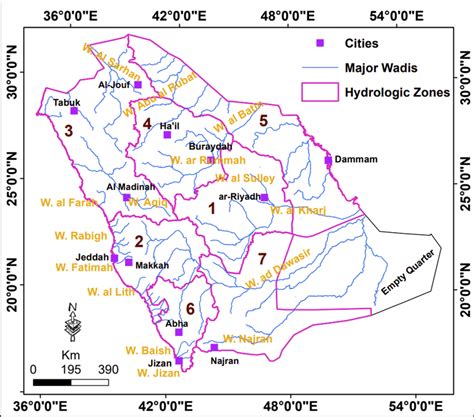 Ksa Map Showing Main Wadis Main Cities And The Hydrologic Zones