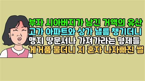 실화사연 부자 시아버지가 남긴 거액의 유산 고가 아파트와 상가 낼름 챙기더니 맹지 땅문서나 가져가라는 형제들 게거품 물더니 지 혼자 나자빠진 썰 카톡썰 사이다