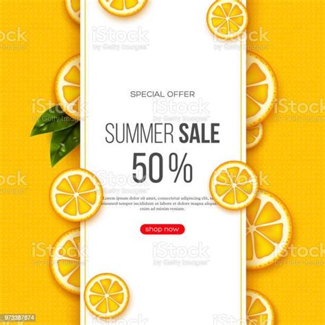 슬라이스 오렌지 조각 나뭇잎과 점선된 패턴 여름 판매 배너 노란색 배경계절 할인 벡터 일러스트 레이 션에 대 한 템플릿 3차원 형태에 대한 스톡 벡터 아트 및 기타 이미지