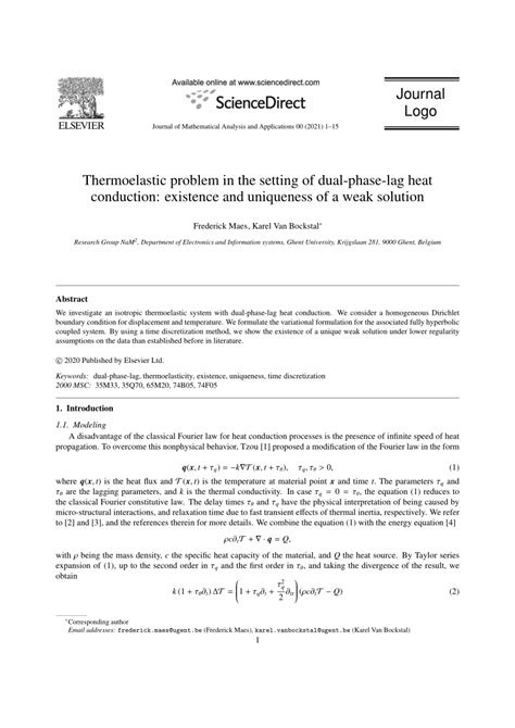 Pdf Thermoelastic Problem In The Setting Of Dual Phase Lag Heat Conduction Existence And