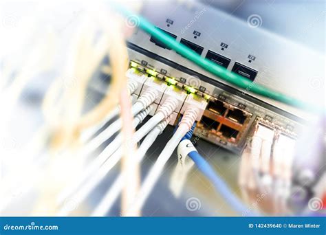 Network Server Rack With Ethernet Cables On Switches In A Data System Center Stock Photo Image