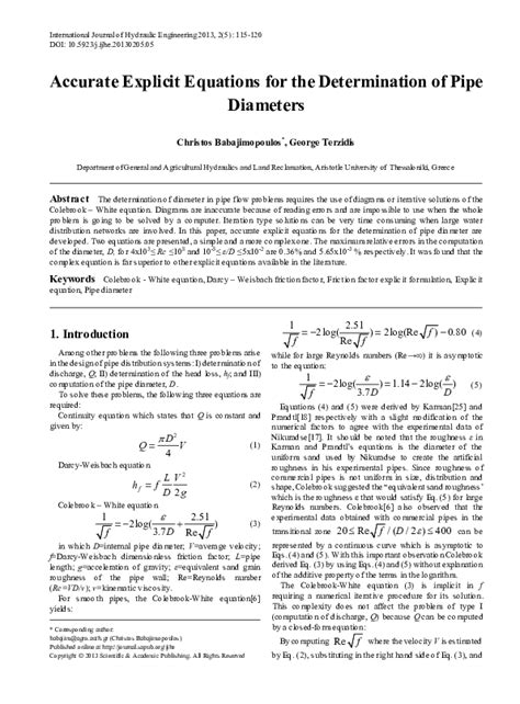 Pdf Accurate Explicit Equations For The Determination Of Pipe Diameters