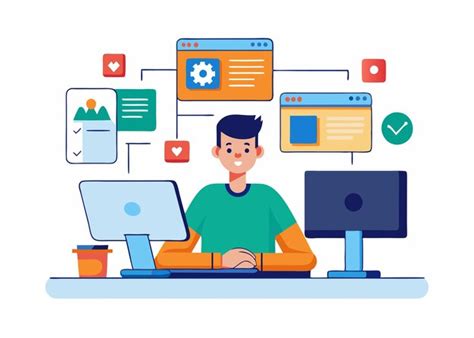 Programmer Working On Several Screens Vector Illustration Premium Ai