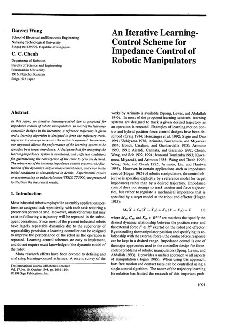 PDF An Iterative Learning Control Scheme For Impedance Control Of Robotic Manipulators