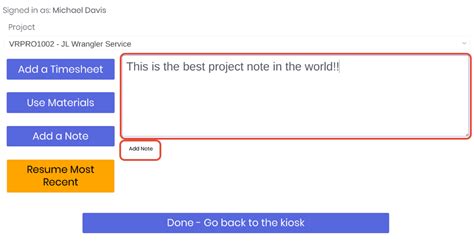 adding a note in the workguru browser kiosk workguru support portal