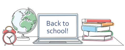 컴퓨터 노트북 지구본 책 더미 및 알람 시계의 하나의 연속 선 그리기 공부 공간 책상 개념 학교로 돌아 가기 단일 선 그리기