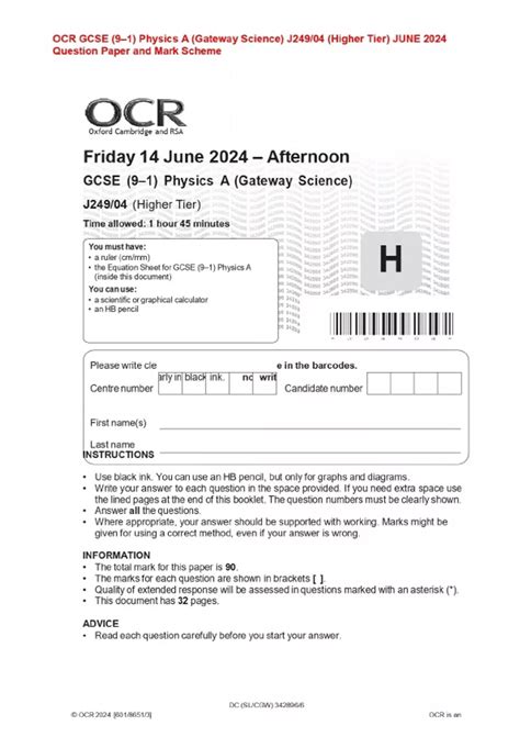 Ocr Gcse 9 1 Physics A Gateway Science J249 04 Higher Tier June 2024 Question Paper And