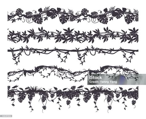 열대 우림 덩굴 정글 덩굴 식물 실루엣 열대 우림 등반 콩나물 매달려 덩굴 덩굴 플랫 벡터 일러스트레이션 세트 0명에 대한 스톡 벡터 아트 및 기타 이미지 Istock