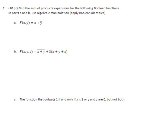 solved 10 pt find the sum of products expansions for the