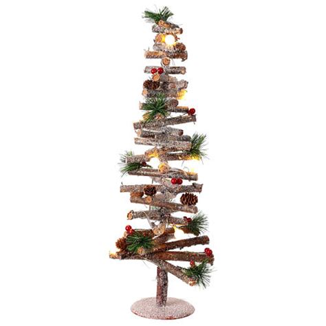 Wooden Spiral Tree 55 Cm 10 White Led Lights Pine Cones Berries