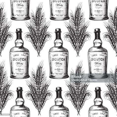 곡물에서 병에 이르기까지 위스키 만들기 공정 보리 귀와 곡물이 있는 스카치 위스키 병 매끄러운 패턴 건강관리와 의술에 대한 스톡 벡터 아트 및 기타 이미지 Istock