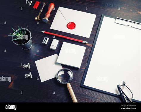 Blank Stationery Set On Wooden Background ID Template Mock Up For Branding Identity For