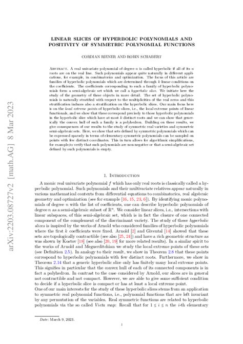 Pdf Linear Slices Of Hyperbolic Polynomials And Positivity Of Symmetric Polynomial Functions