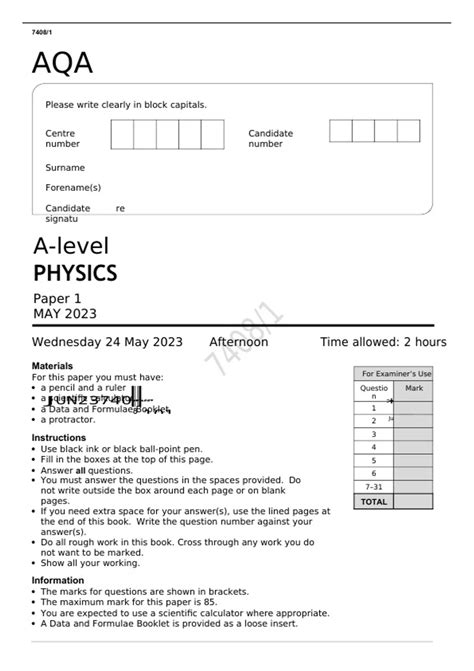 AQA A Level PHYSICS Paper QUESTION PAPER June Aqa Physics Stuvia US