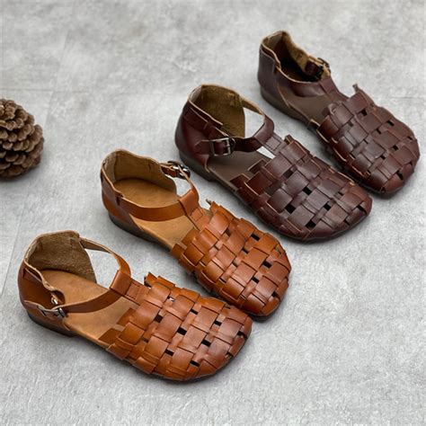 Womans Genuine Leather Woven Closed Toe Fisherman Sandals Ubekeen
