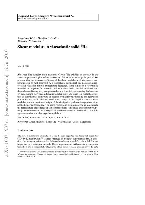 Pdf Shear Modulus In Viscoelastic Solid 4he