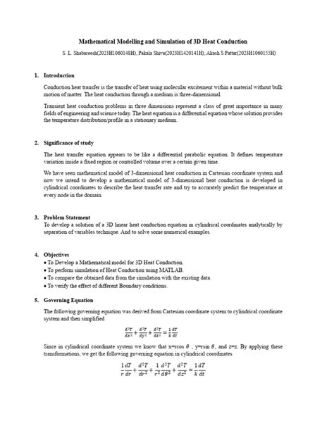 Mathematical Modelling And Simulation Of 3d Heat Conduction Pdf