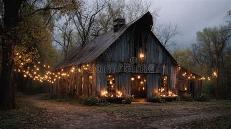 Rustic Old Barn At Night With String Lights Stock Illustration