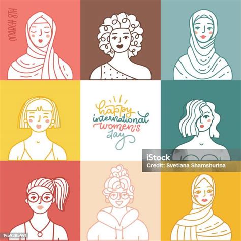 세계 여성의 날 인사말 카드 컬러 사각형에 선형 여성 초상화 컬렉션 다른 국적의 여성 페미니즘 개념 화이트 실루엣 소녀 파워 라인 아트 벡터 디자인입니다