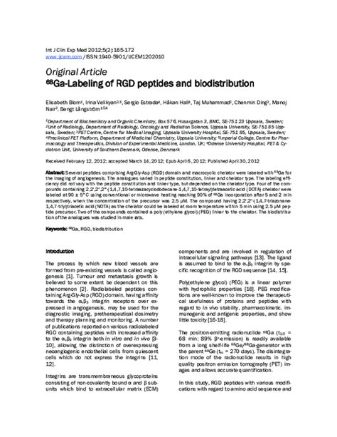 Pdf 68ga Labeling Of Rgd Peptides And Biodistribution