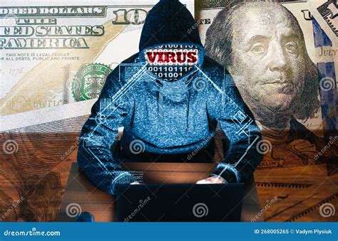 Man In Hoodie Is Hacking Personal Data On Dollars Background Information Security Virtual