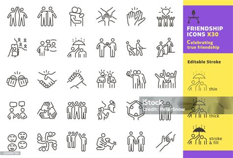 우정 및 사회적 연결 아이콘 세트 관계 팀워크 네트워킹 커뮤니티 커뮤니케이션 친구 상호 작용 및 상호 지원을 위한 편집 가능한 얇은 선 획 아이콘 공동체에 대한 스톡 벡터