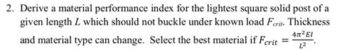 solved 2 derive a material performance index for the