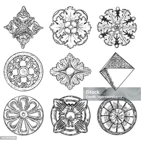 바로크 고대 빈티지 스타일의 꽃 원형과 마름모 또는 사각형 디자인 요소세트 직물 스카프 배경에 대한 검은 흰색의 유행 패턴을