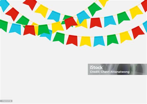 다채로운 파티 화 환 깃발은 흰색 배경에 매달려 복사 공간 벡터 요소 전단지 포스터 배경 웹 배너 초대장에 대 한 템플릿 그림 기에 대한 스톡 벡터 아트 및 기타 이미지
