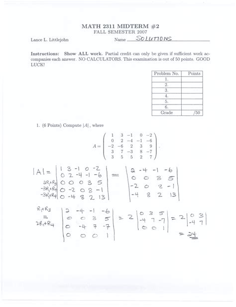 solution of midterm 2 linear algebra fall 2007 mth 2311 docsity