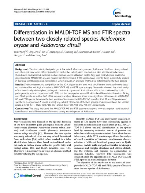 Pdf Differentiation In Maldi Tof Ms And Ftir Spectra Between Two Closely Related Species