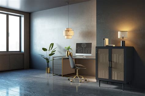 Modern Workspace With Sleek Desk Computer Chair Cabinet And Decor In A Stylish Interior 3d