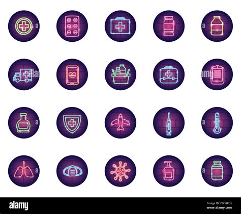 Covid Or Coronavirus Icon Set Over White Background Neon Style Vector Illustration Stock