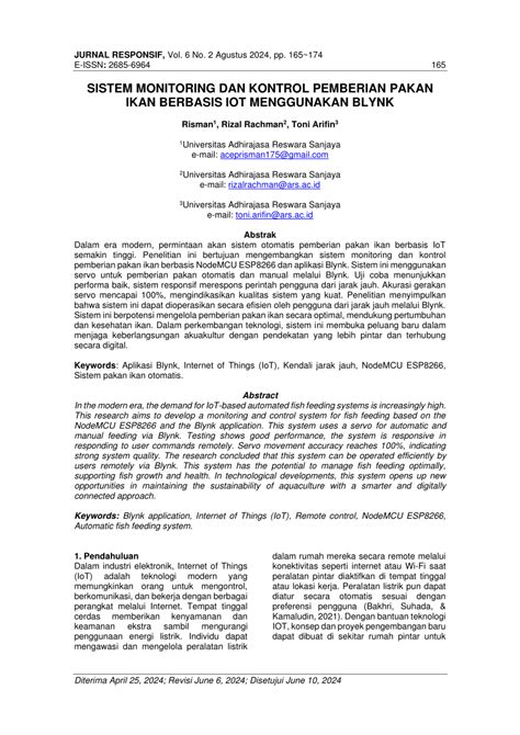 Pdf Sistem Monitoring Dan Kontrol Pemberian Pakan Ikan Berbasis Iot Menggunakan Blynk