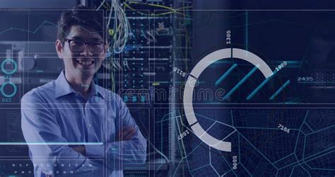 animation of graphs and data over asian man posing in server room stock video video of room